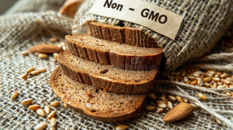 Sliced Bread with Loose Grains on the Surface and a Non-GMO Label on ...