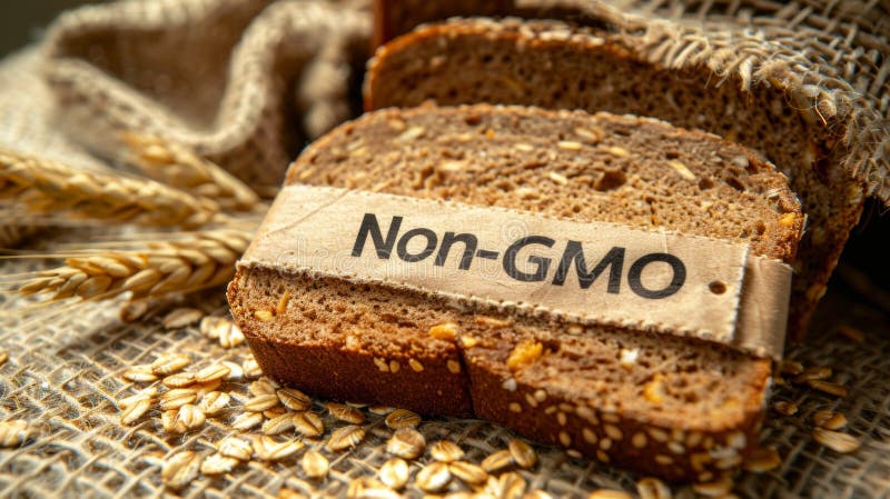 Sliced Bread with Loose Grains on the Surface and a Non-GMO Label on ...