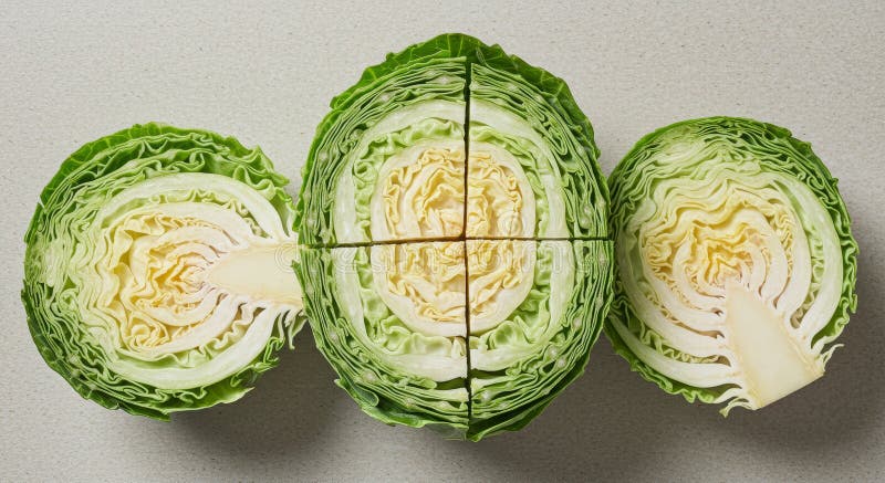 Sliced Cabbage Vegetable Display Three Segments of Fresh Green Cabbage ...