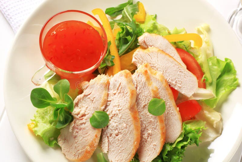 Sliced Chicken Breast with Salad and Chilli Sauce Stock Photo - Image ...