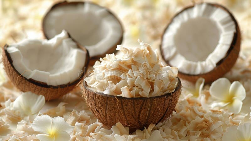 Sliced Coconuts and Coconut Chips on the Table. Fresh Coconuts Stock ...
