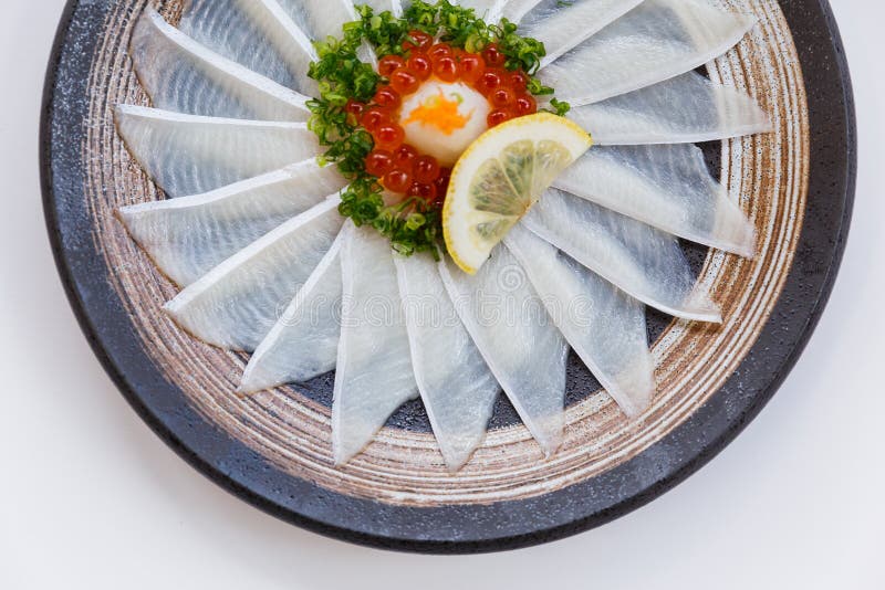Sliced Cod Fish Sashimi Served with Ikura Salmon Roe, Scallion and ...