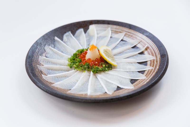 Sliced Cod Fish Sashimi Served with Ikura Salmon Roe, Scallion and ...