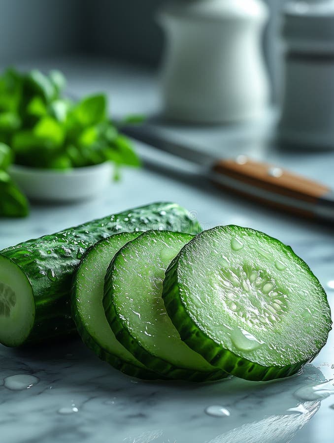 Sliced Cucumber Kitchen Counter Blurred Background Stock Photos - Free ...