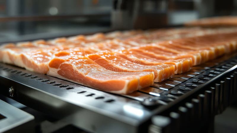 Sliced Cured Meat on a Conveyor Belt Ready for Packaging Stock ...