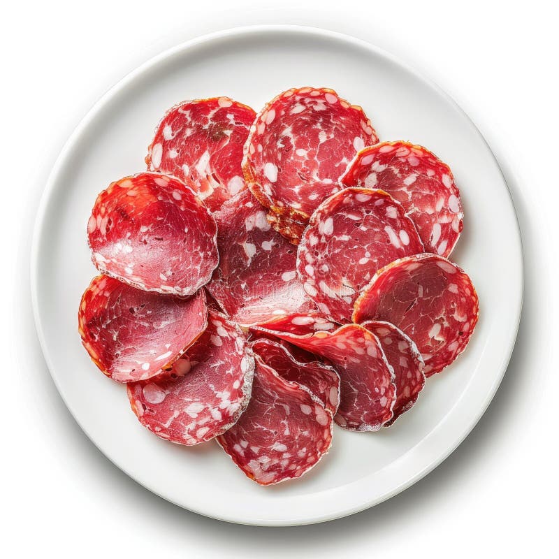 Sliced Cured Meat on White Ceramic Plate. Top View Stock Illustration ...