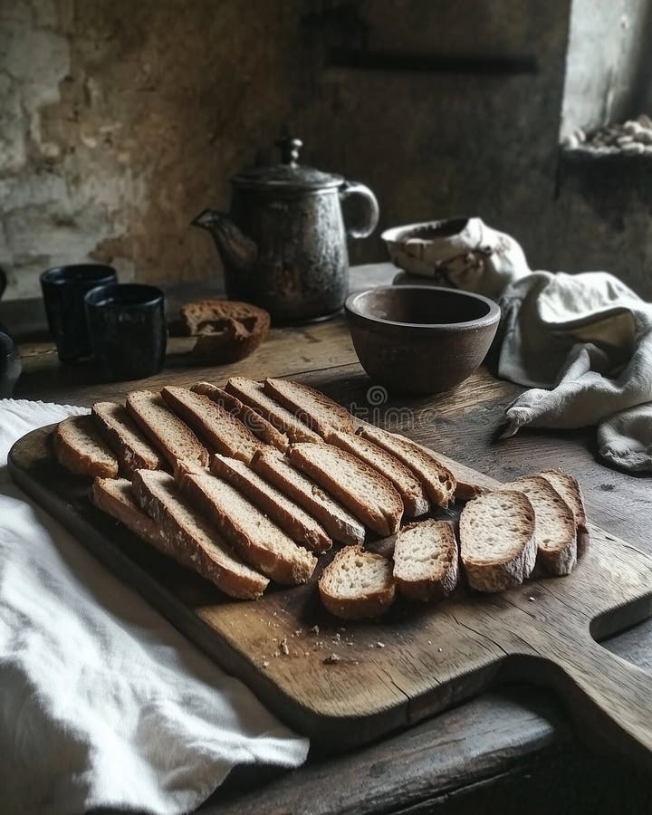 Sliced Dark Bread, Metal Coffee Kettle, Coffee Cup, Chopping Boards ...