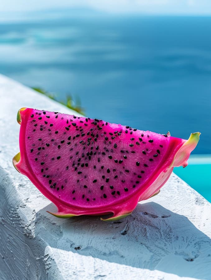 Sliced Dragonfruit on a Ledge with Ocean Background Stock Photo - Image ...