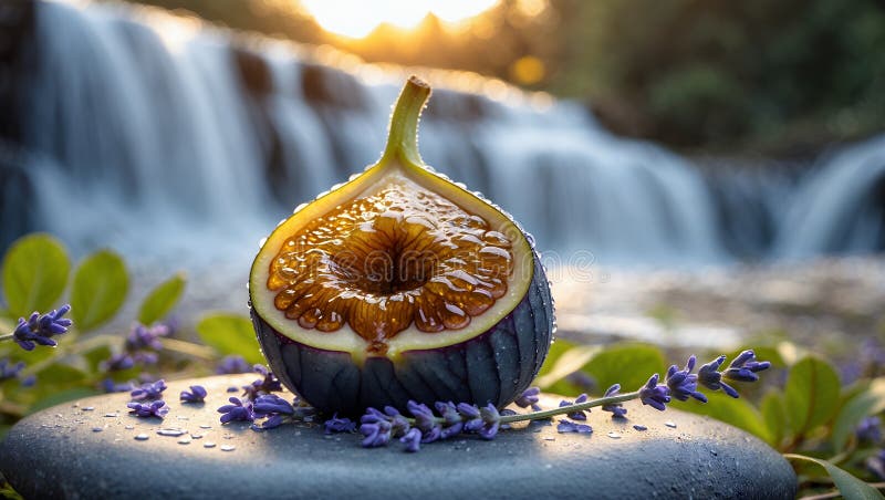 Sliced Fig on Stone with Lavender and Flowing Waterfall Backdrop Stock ...