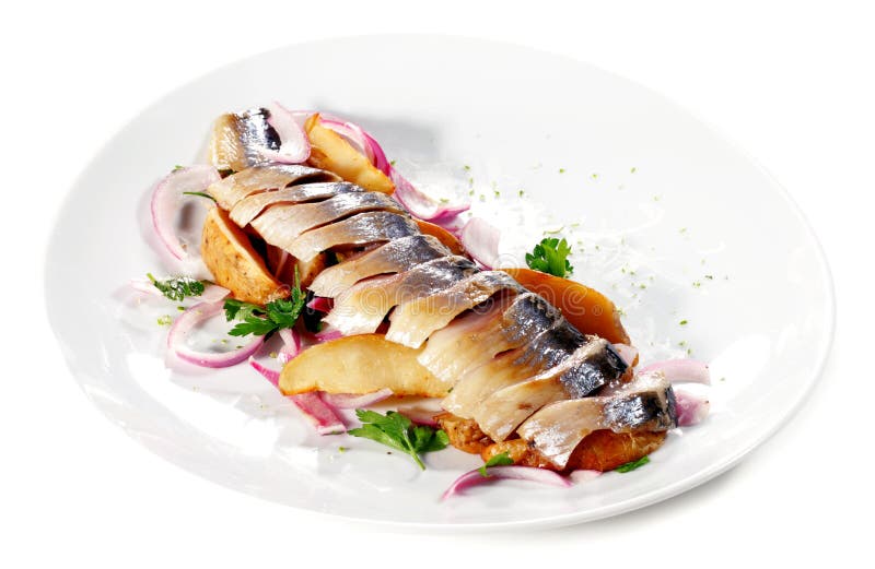Sliced Fish with Baked Potatoes Stock Image - Image of onion ...