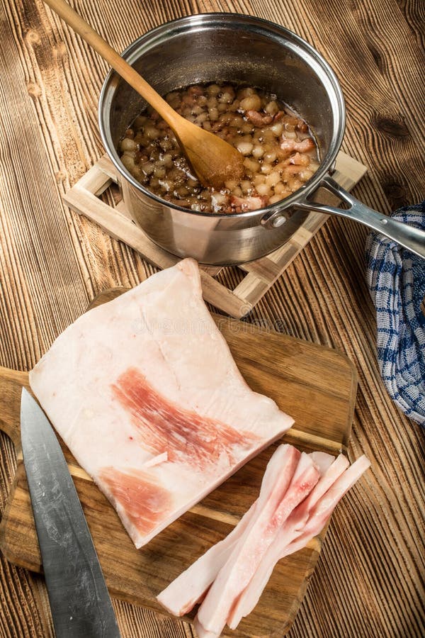 Sliced fresh bacon. stock photo. Image of food, table - 116270202