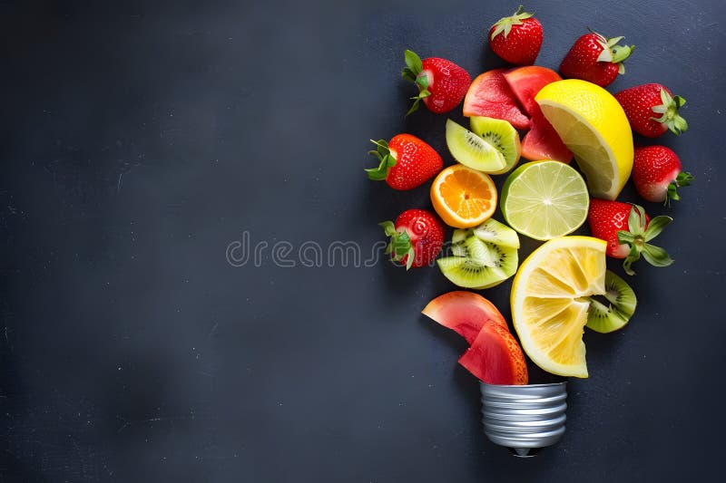 Sliced Fruit in Light Bulb Shape on Dark Background Stock Illustration ...