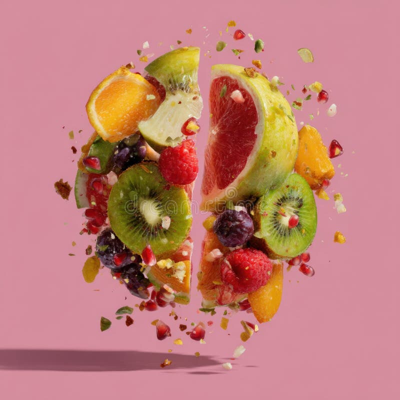 Sliced Fruits Floating and Creating a Sphere on Pink Background Stock ...