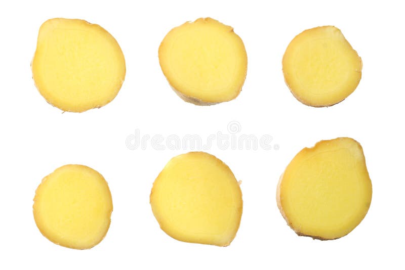 Sliced Ginger with Leaves Isolated on White Background Top View Stock ...
