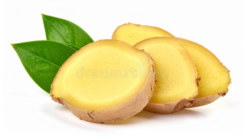 Fresh Sliced Ginger Root with Green Leaves Isolated on White Stock ...