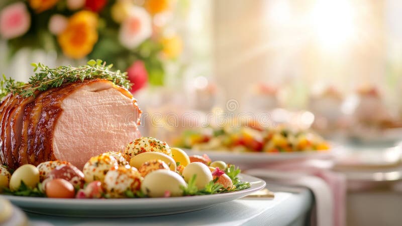 Sliced Glazed Easter Ham, Deviled Eggs, and a Spring Vegetable Medley ...