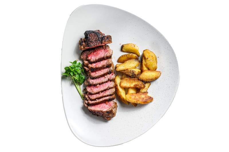 Sliced Grilled Rump Beef Steak with Potato. Isolated on White ...