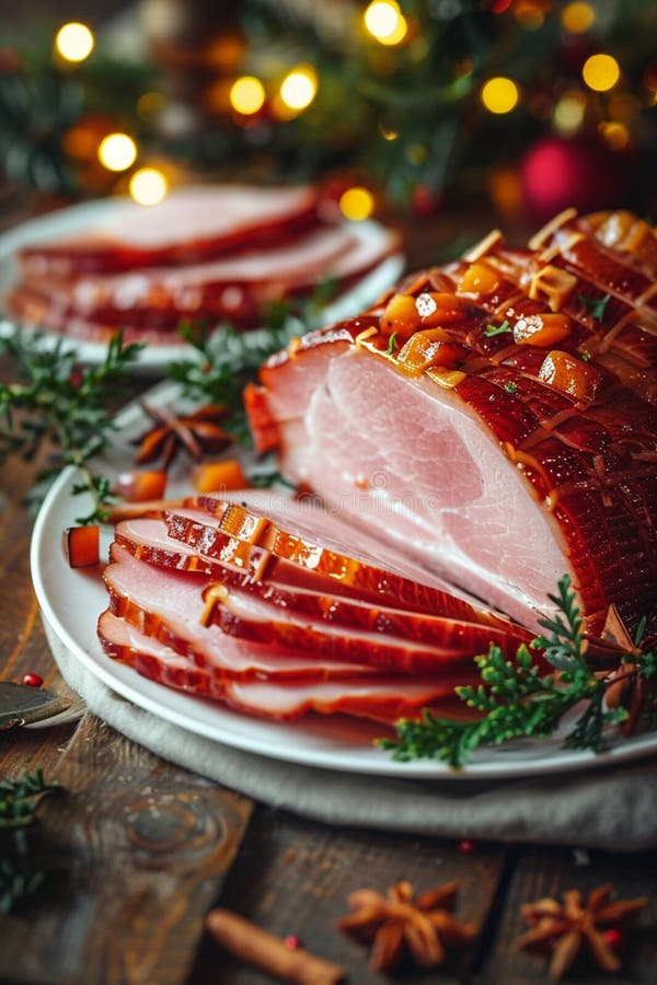 Sliced Ham on a Table in a White Plate Stock Image - Image of dinner ...