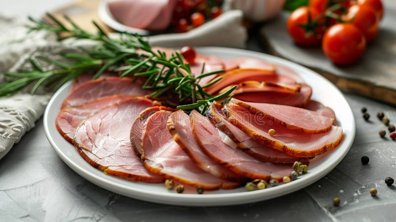Sliced Ham on a Table in a White Plate Stock Photo - Image of italian ...