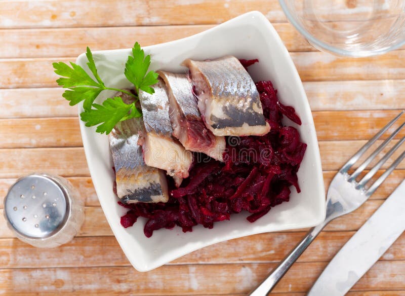 Sliced Herring with Grated Beetroot Served on Table Stock Photo - Image ...