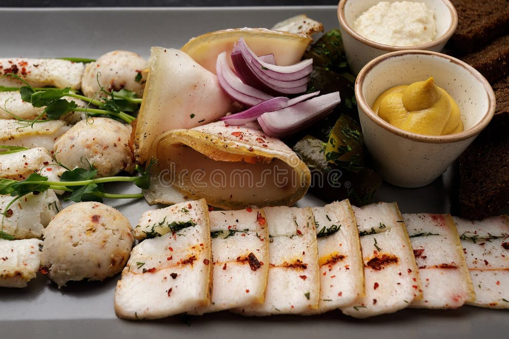 Sliced Lard with Mustard, Onion and Spices Stock Image - Image of ...