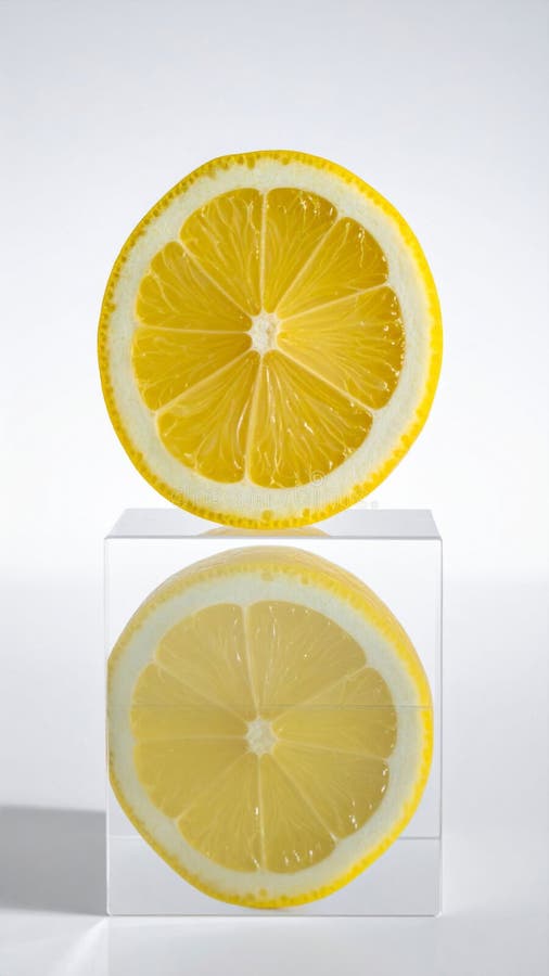 Sliced Lemon on Crystal Cube Showing Reflection in a Clean White ...