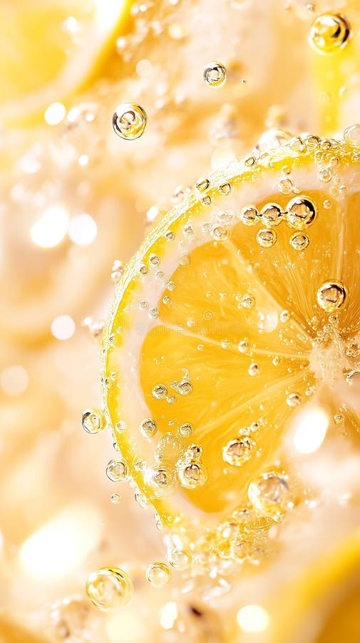 Sliced Lemons Float in Sparkling Water, Creating Bubbles and a ...