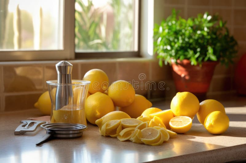 Sliced Lemons and Juicer on a Sunny Kitchen Counter Stock Photo - Image ...