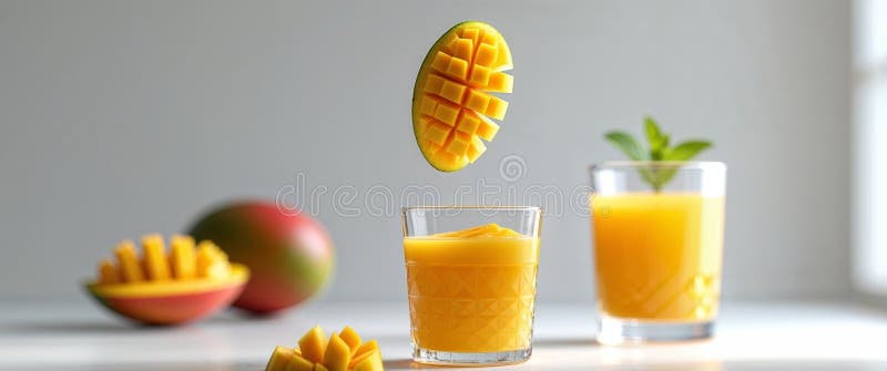 Sliced Mango Falling into a Glass of Mango Juice Tropical Drink ...