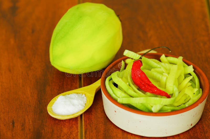 Raw and Peeled Mango Behind a Salt and Chilli Powder Bowl Stock Photo ...