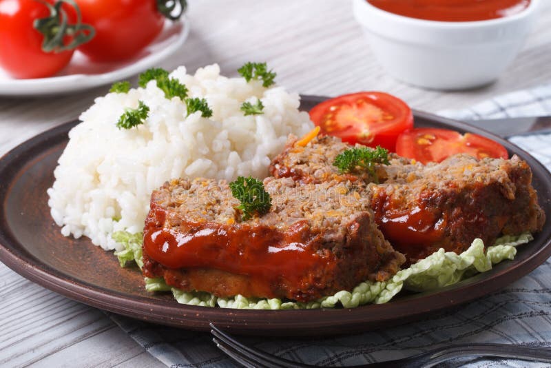 Sliced Meat Loaf with Rice and Vegetables, Horizontal Stock Photo ...