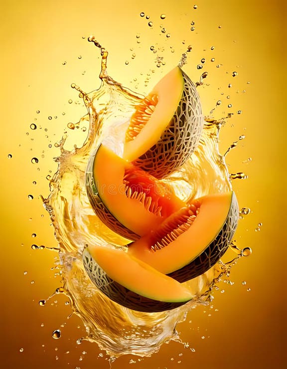 Sliced Melon Pieces Splash through Clear Liquid on a Bright Yellow ...