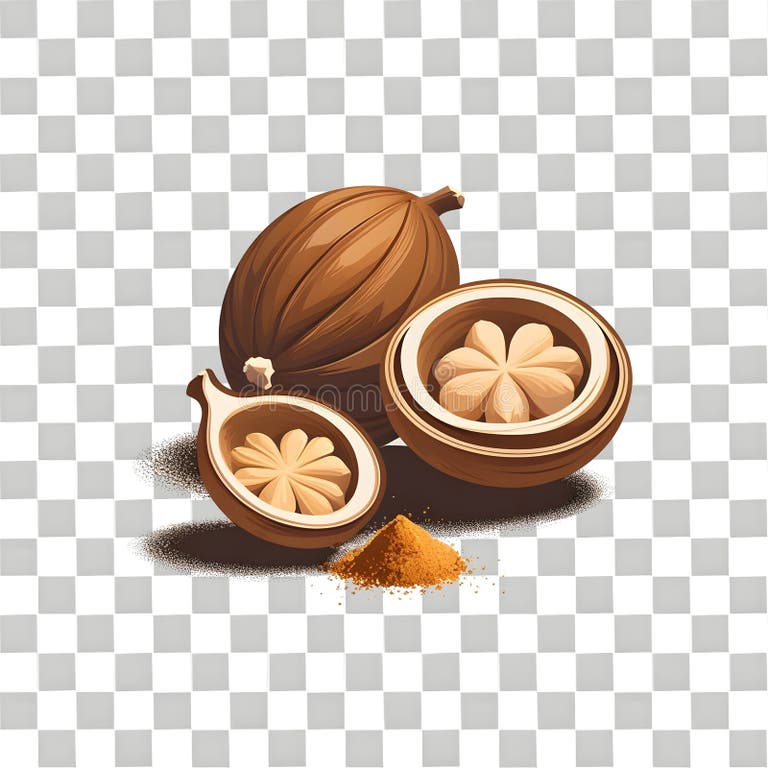 Sliced Nutmeg Seed with Intricate Pattern and Ground Spice Illustration ...