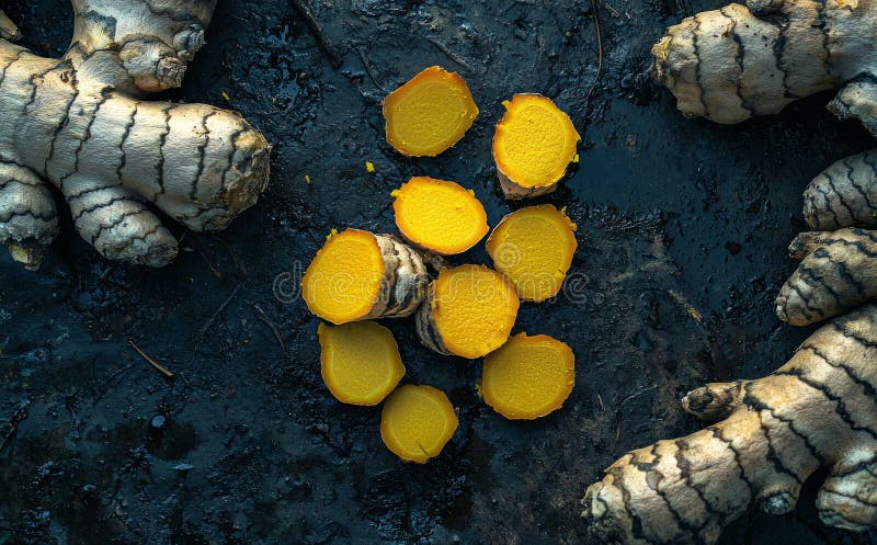 Sliced Open Turmeric Root, Revealing Its Orange Interior and Earthy ... Sliced Open Turmeric Root, Revealing Its Orange Interior and Earthy ...