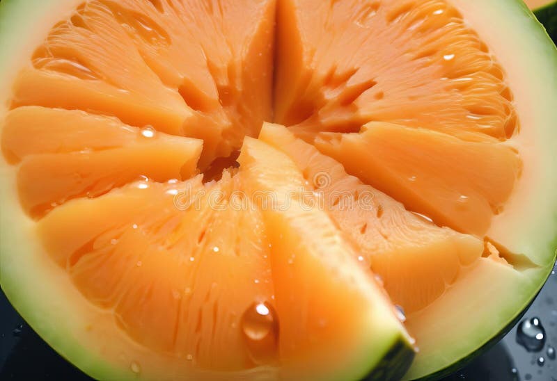 Sliced Orange Melon on a Reflective Surface with Water Droplets Stock ...