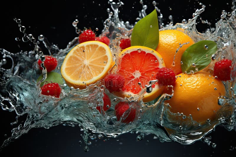 Sliced Orange, Raspberry with Mint Leaves in Water Splashes on Black ...