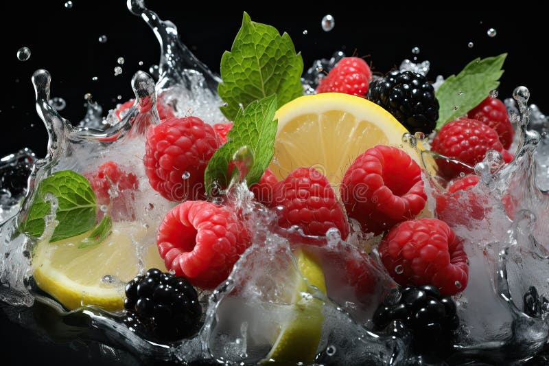 Sliced Orange, Raspberry with Mint Leaves in Water Splashes on Black ...