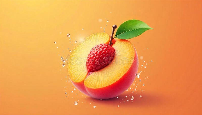 Sliced Peach with Raspberry Core on Orange Background Stock ...