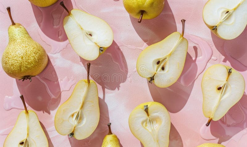 Sliced Pears on a Light Pink Surface Stock Photo - Image of garden ...