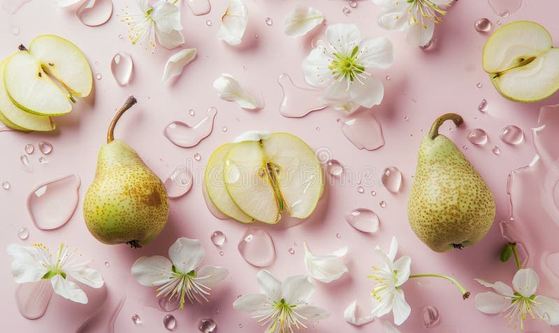 Sliced Pears and Pear Flowers on a Light Pink Surface Stock Image ...