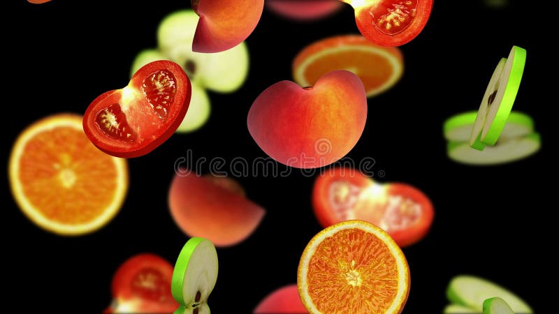 Sliced Pieces of Fruits Falling on Black Background, 3d Illustration ...