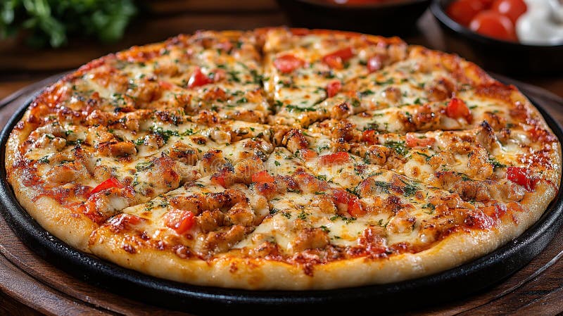 Sliced Pizza with Chicken and Peppers on Wooden Platter, Restaurant ...