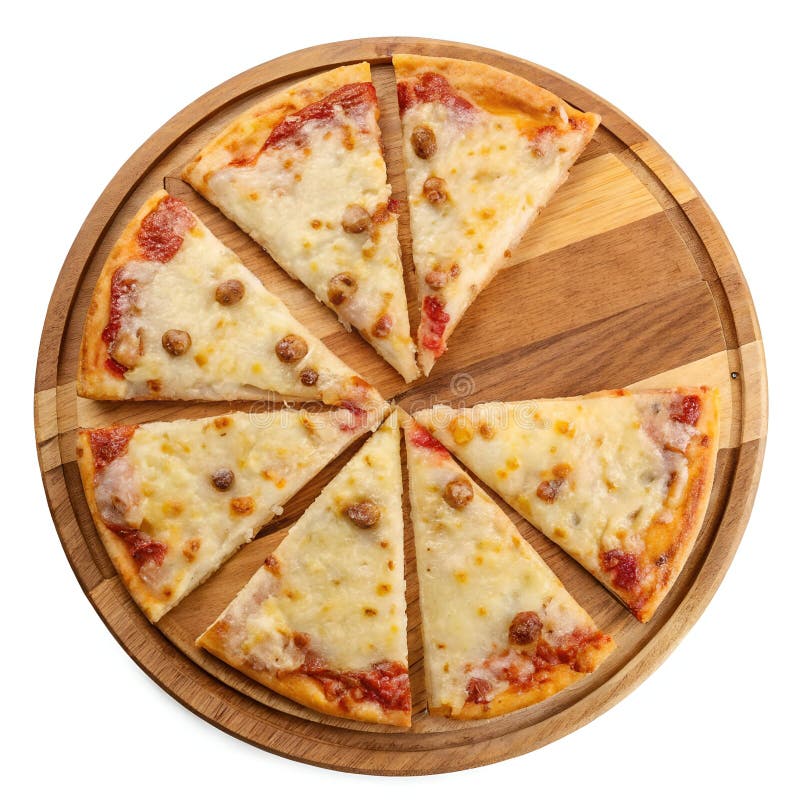 Sliced Pizza on Circle Wooden Board Isolated on White Background Stock ...