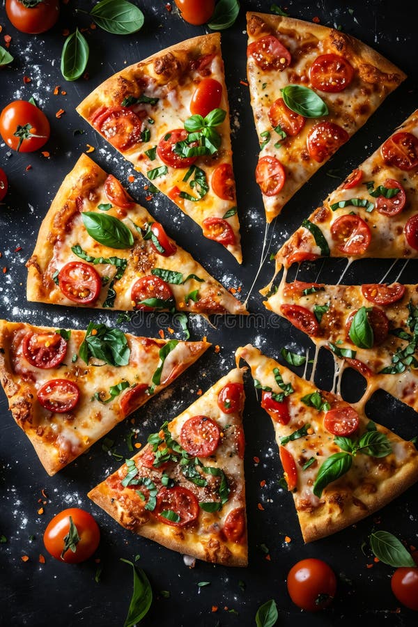 A Sliced Pizza with Tomatoes and Basil on a Black Surface. Generative ...
