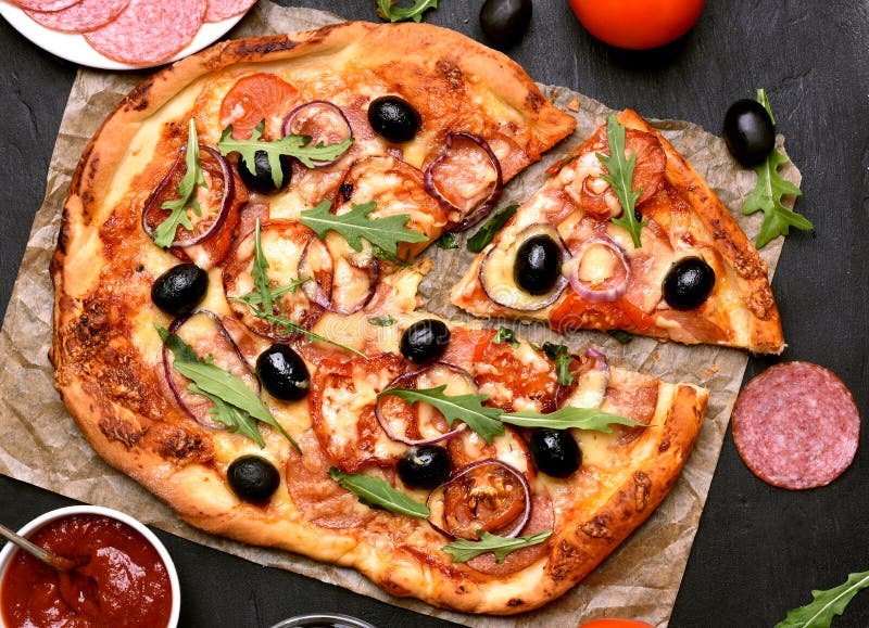 Sliced pizza, top view stock image. Image of dinner, crispy - 86083807