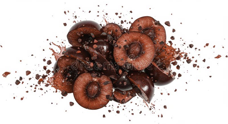 Sliced Plums Exploding with Juice and Chocolate Pieces, Vibrant Splash ...