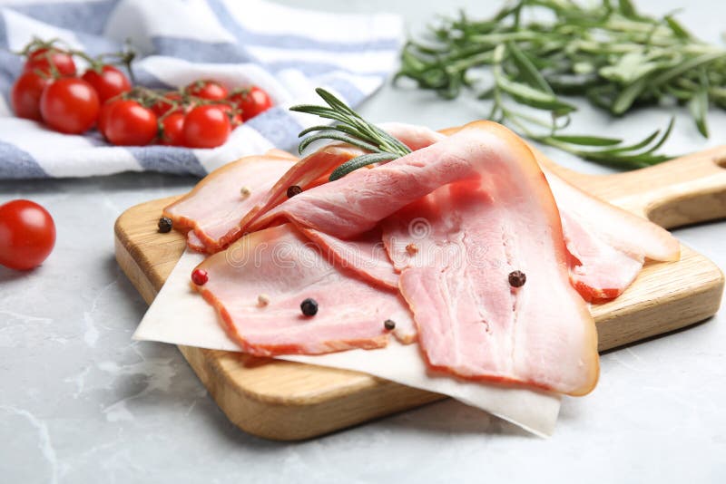 Sliced Raw Bacon on Grey Marble Table Stock Image - Image of culinary ...