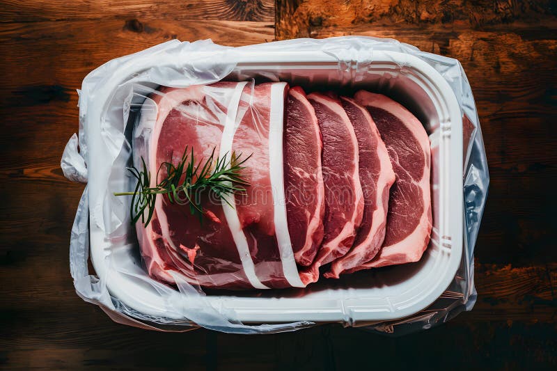 Sliced Raw Meat in Plastic Container on Wood, Focus on Textures and ...