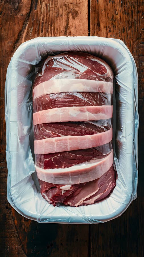 Sliced Raw Meat in Plastic Container on Wood, Focus on Textures and ...