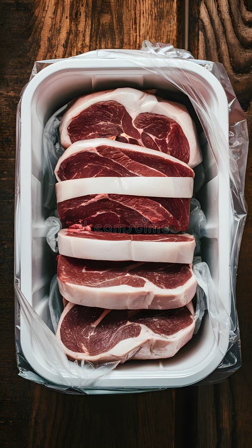 Sliced Raw Meat in Plastic Container on Wood, Focus on Textures and ...